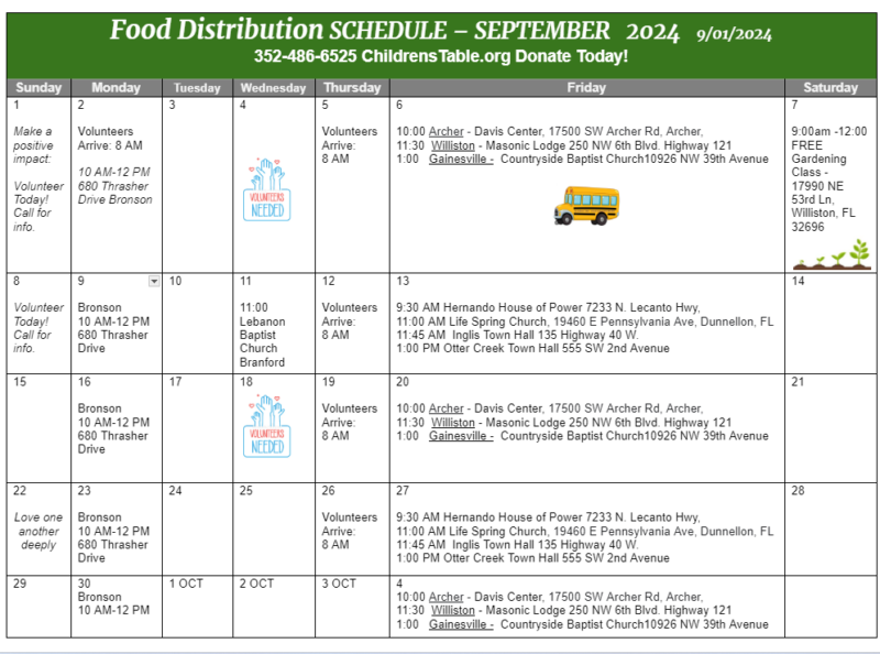Food Distribution Schedule | The Children's Table